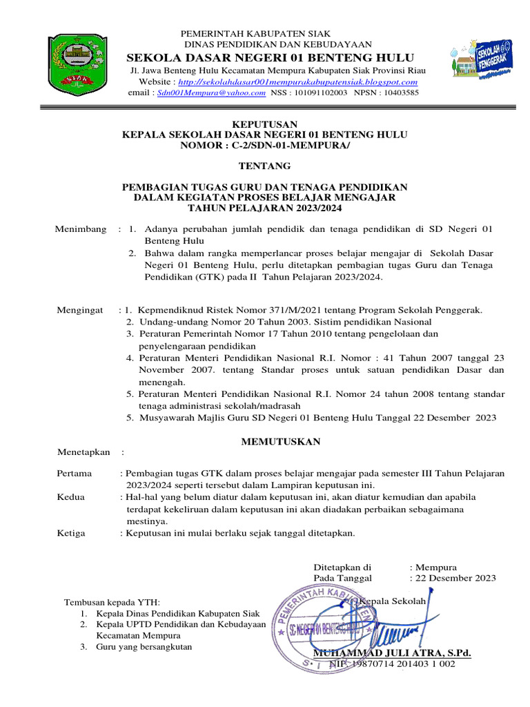 SK PEMBAGIAN TUGAS Semester 2 2023-2024 | PDF