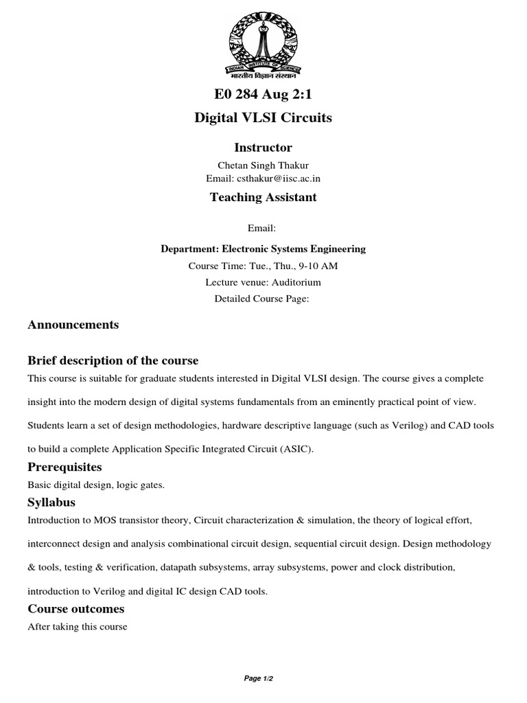 E0 284 Aug 2:1 Digital VLSI Circuits: Instructor | PDF | Integrated Circuit | Digital Electronics