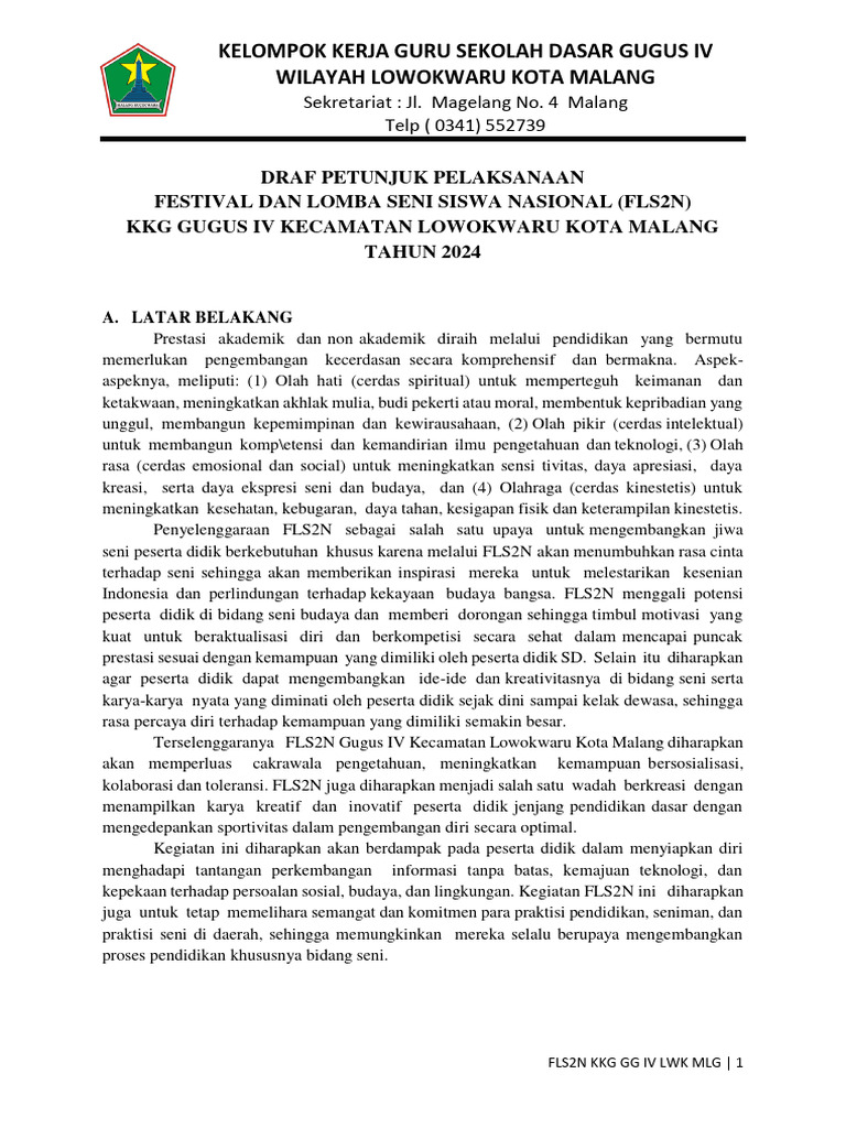 Draf Petunjuk Pelaksanaan FLS2N KKG GG Iv LWK MLG 2024 | PDF | Karier & Perkembangan | Kesehatan ...
