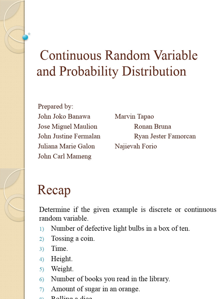 Group 2 Continuous Random Variable | PDF | Probability Distribution | Random Variable