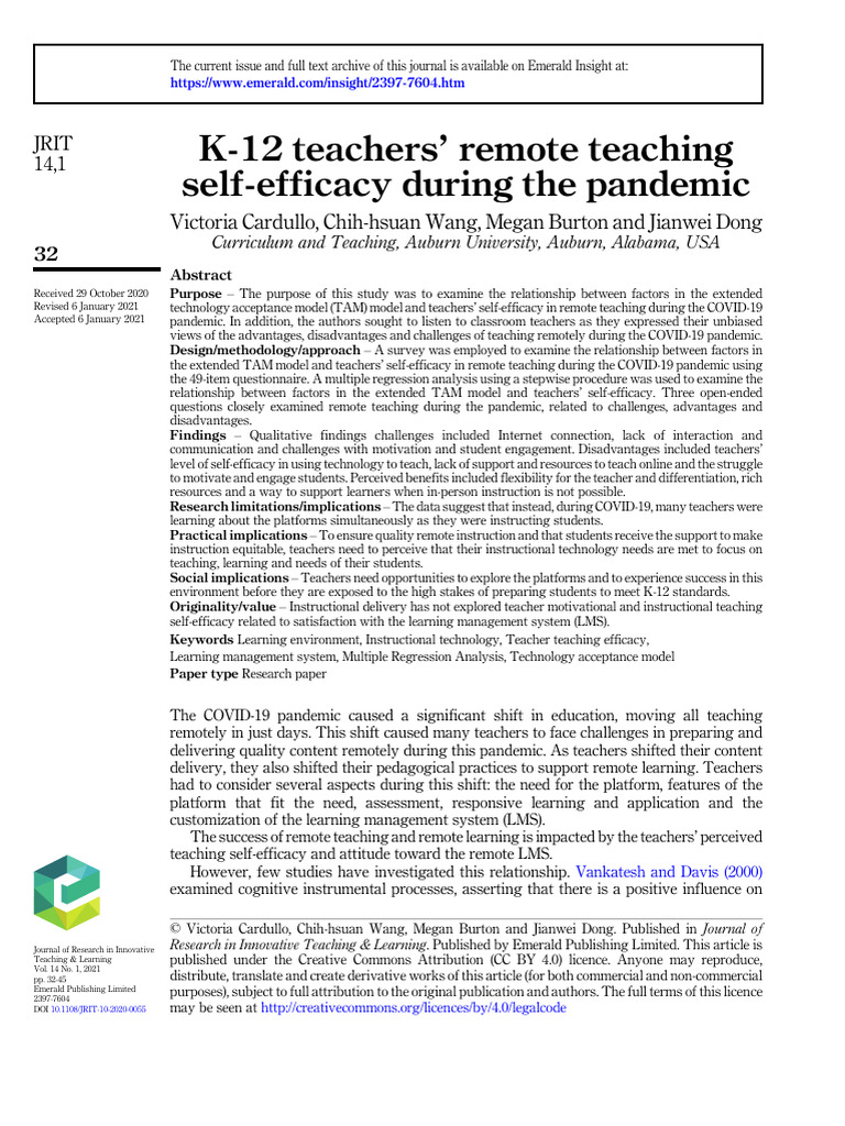 K-12 Teachers' Remote Teaching Self-Efficacy During Pandemic | PDF ...