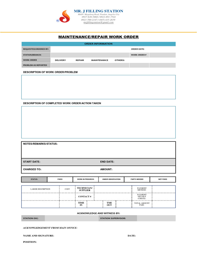 MR. J Filling Station Work Order Form | PDF