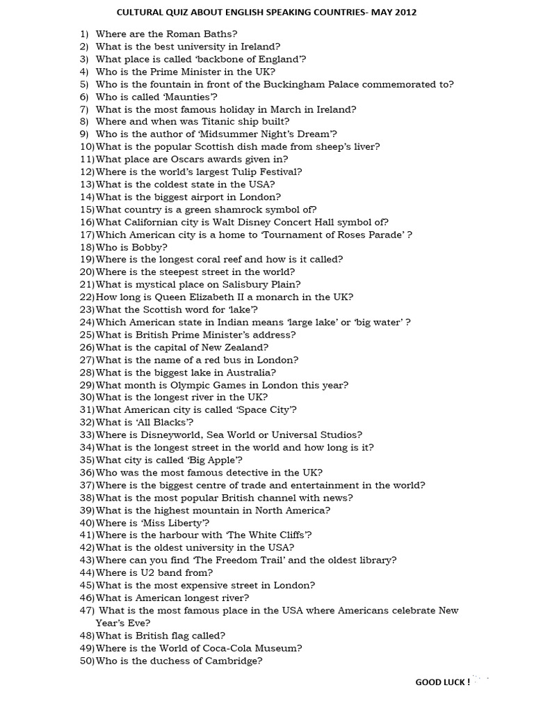 cultural-quiz (1) | PDF | United Kingdom | London