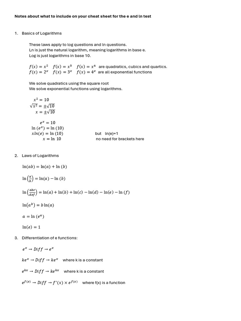 Notes For Cheat Sheet For e and LN Test | PDF | Mathematical Physics ...