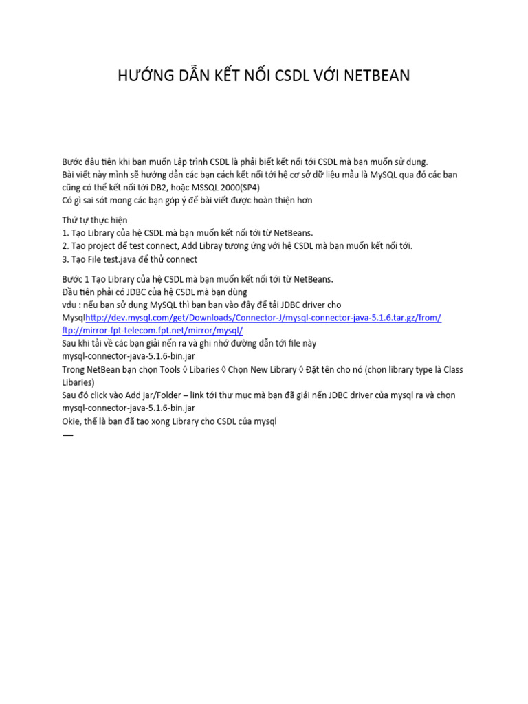 HƯỚNG DẪN KẾT NỐI CSDL VỚI NETBEAN | PDF