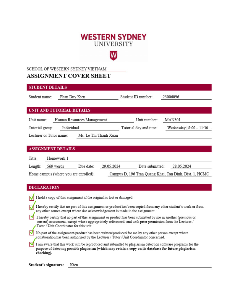 HRM1 - Phan Duy Kien-23006096 - Homework 1 | PDF | Psychology | Psychological Concepts
