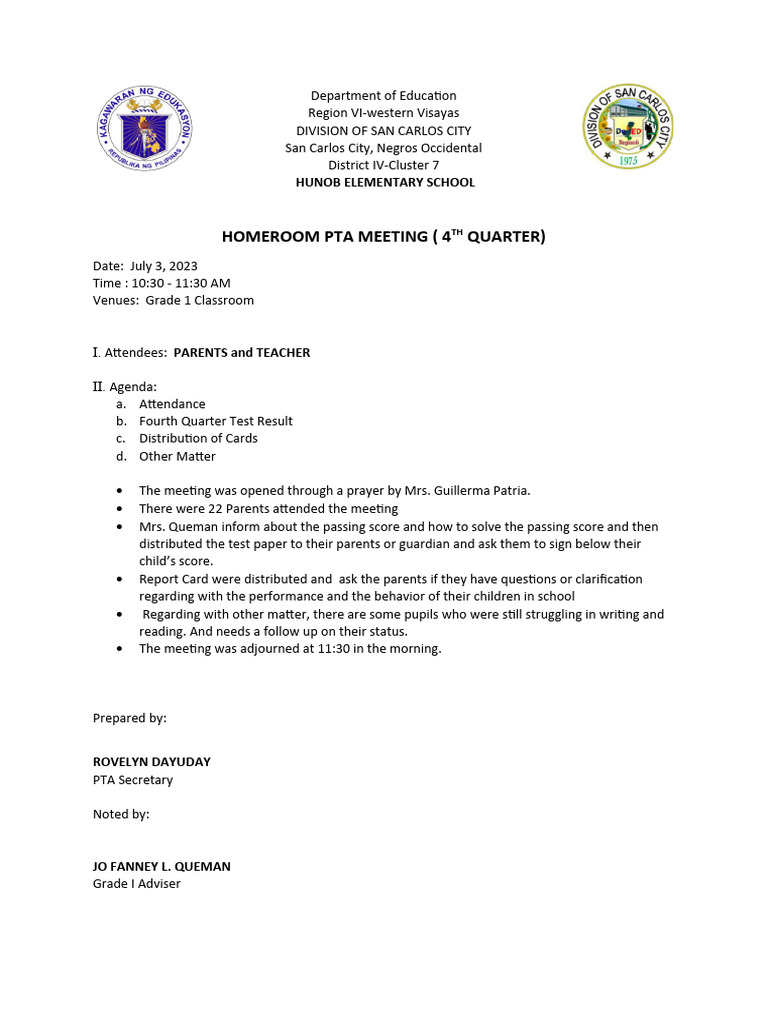 PTA minutes of Meeting | PDF