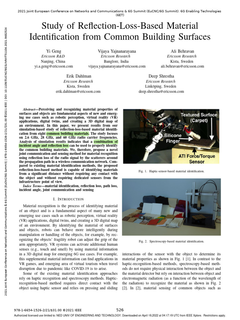 EUCNC2021 Study of Reflection-Loss-Based Material Identification From Common Building Surfaces ...