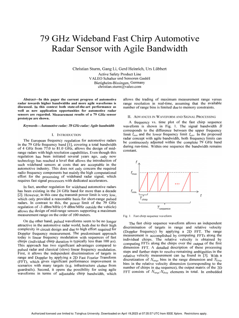 79 Ghz Wideband Fast Chirp Automotive Radar Sensor With Agile Bandwidth Pdf Radar Fast