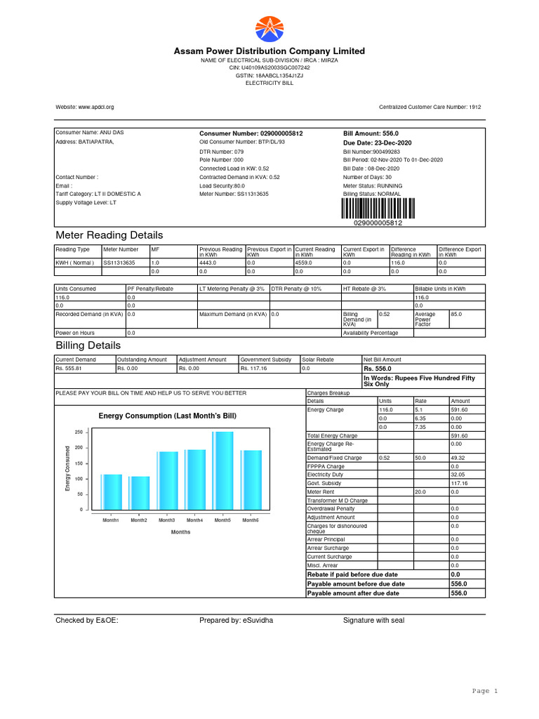 Assam Electricity Bill for Anu Das | PDF | Nature | Physical Quantities