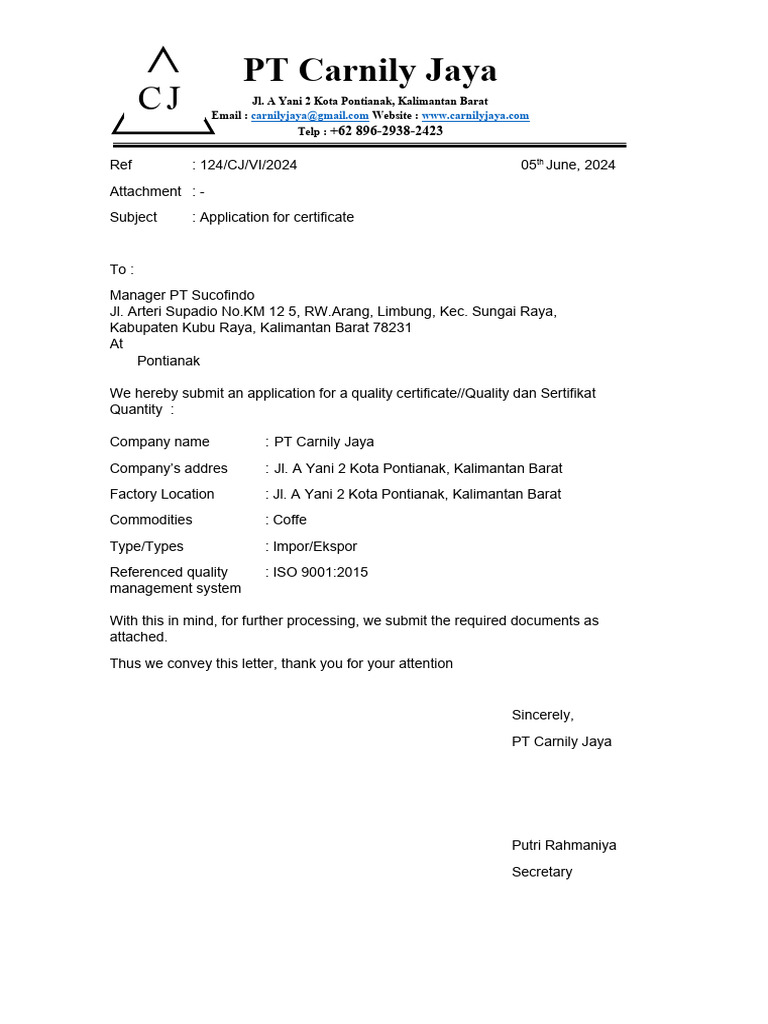 Application for Quality Certificate | PDF