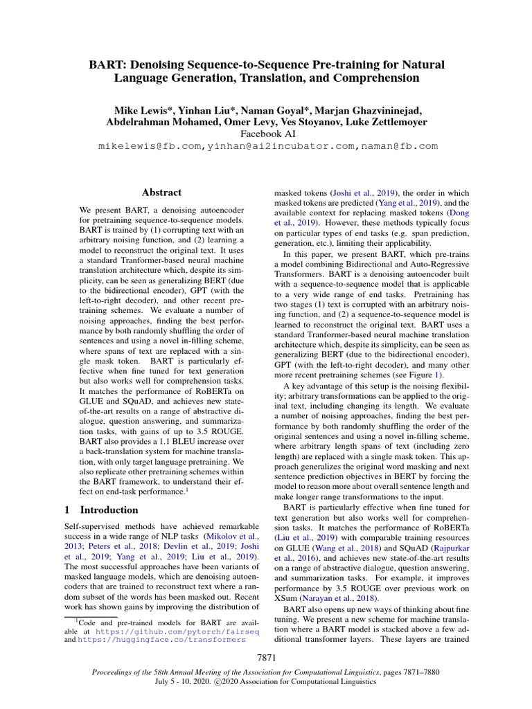 ACL - 2020 - Mike Lewis - BART Denoising Sequence-To-Sequence Pre-Training For Natural Language ...