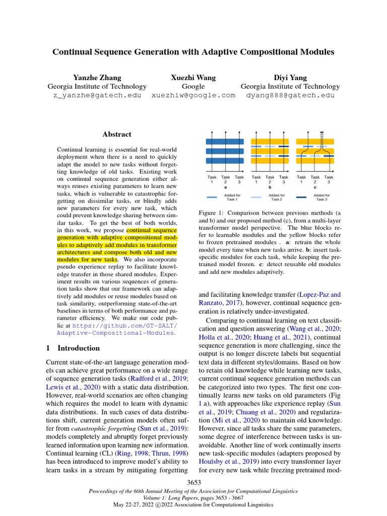 ACL - 2022 - Yanzhe Zhang - Continual Sequence Generation With Adaptive Compositional Modules ...