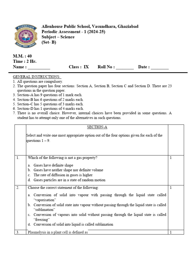 Pa-1 Cl-9 Sci. Set - B | PDF | Endoplasmic Reticulum | Applied And Interdisciplinary Physics