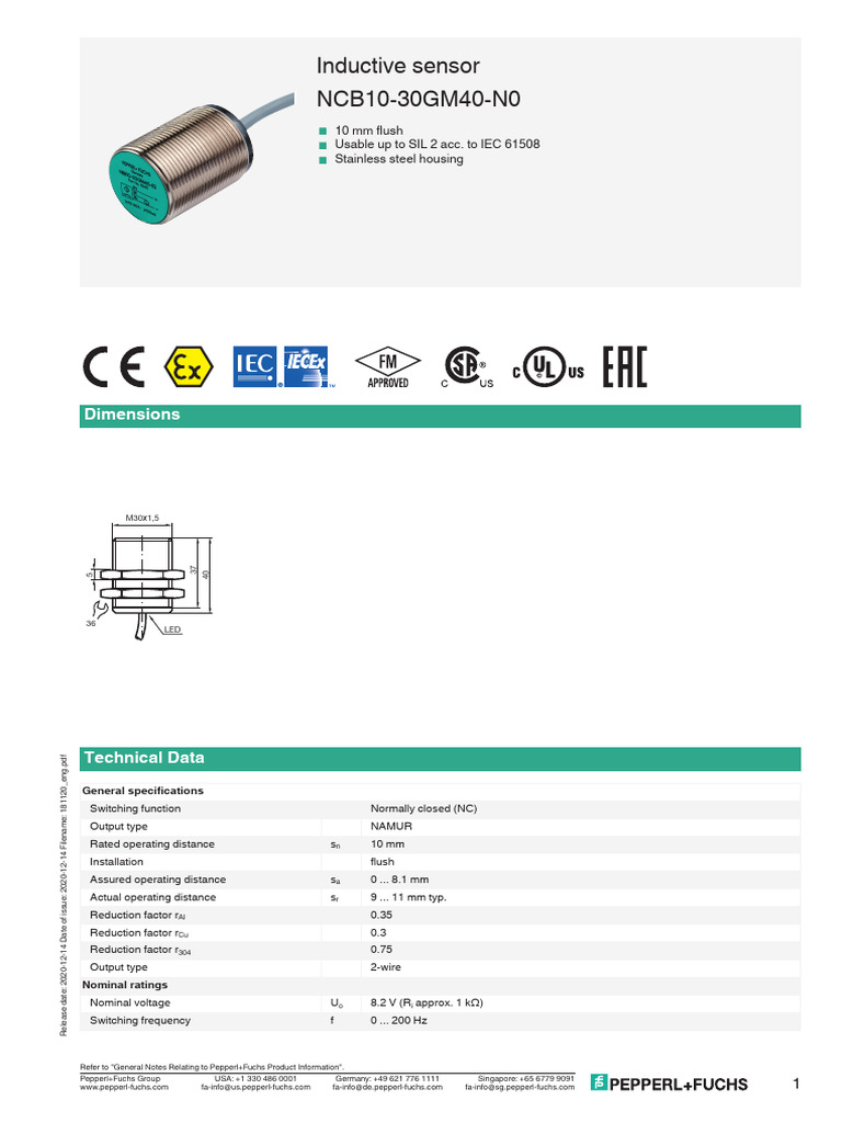 Inductive Sensor NCB10-30GM40-N0: Dimensions | PDF | Electrical ...