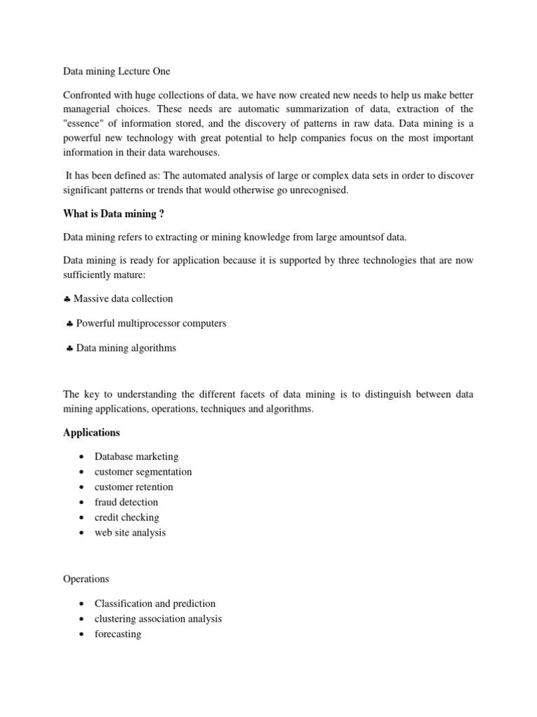 Data mining Lecture One.docx1 | PDF | Data Mining | Data Analysis Data mining Lecture One.docx1 | PDF | Data Mining | Data Analysis