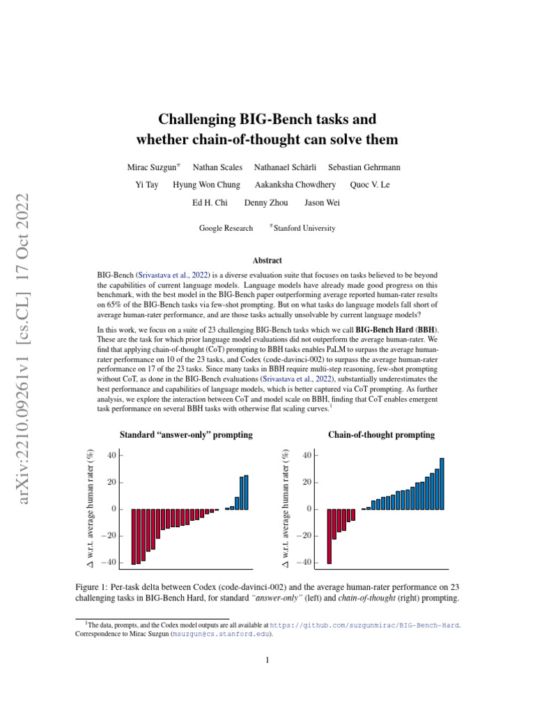 Arxiv - 20221017 - Mirac Suzgun - Challenging BIG-Bench Tasks and Whether Chain-of-Thought Can ...