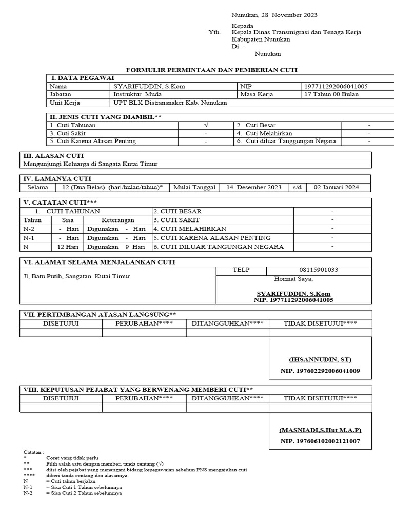 FORMULIR CUTI TAHUNAN Syarif | PDF