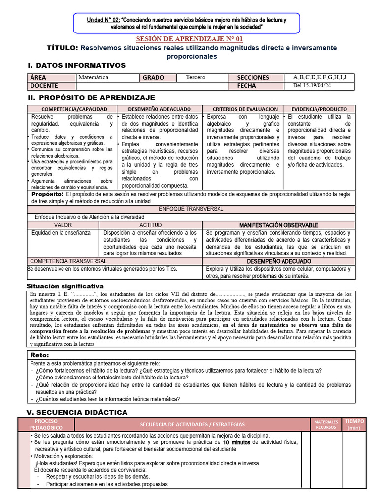 Unidad 2 - Sesión Sem 1 - Matemática 3° | PDF | Matemáticas