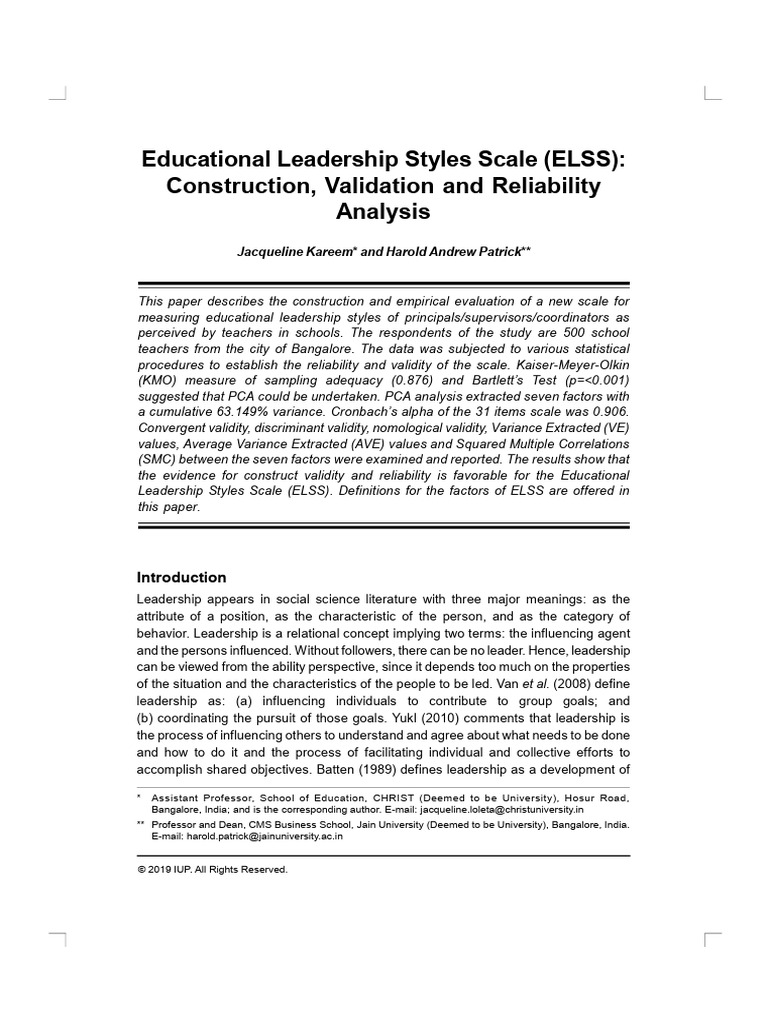 Educational Leadership Styles Scale (ELSS) : Construction, Validation ...
