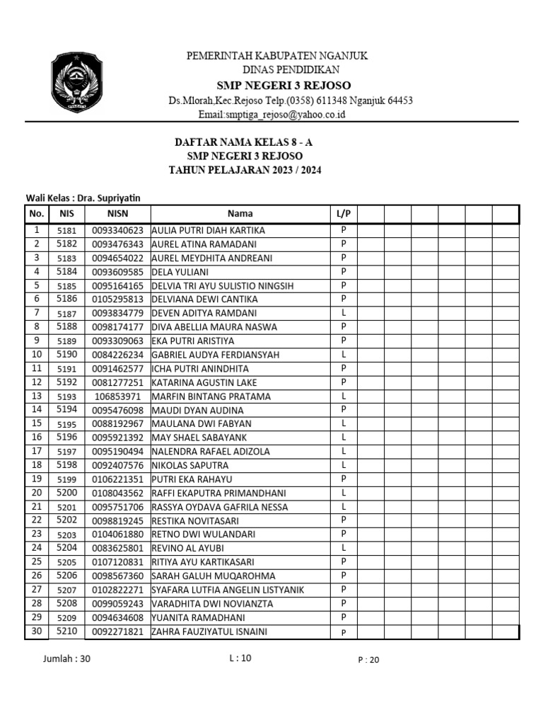 Daftar Kelas 8 2023-2024 | PDF