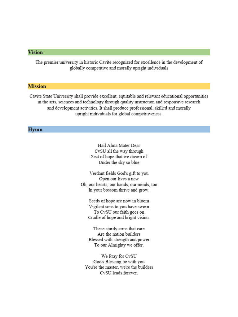 CvSU Vision Mission Hymn | PDF | Religion & Spirituality