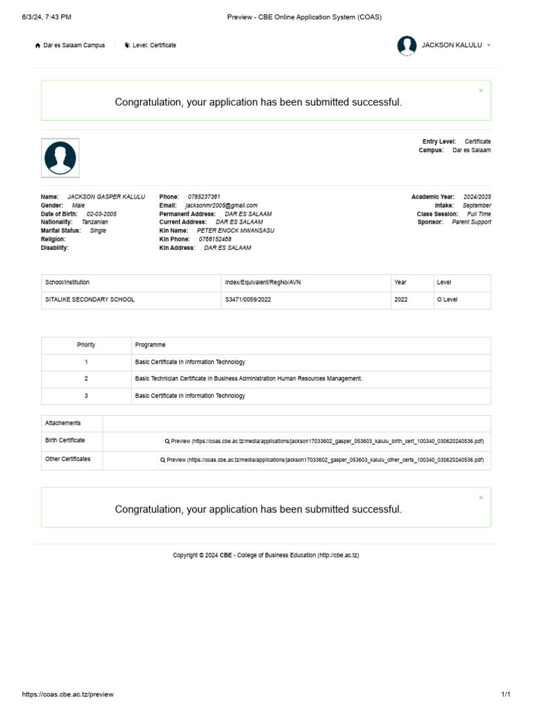 CBE Online Application System (COAS) | PDF