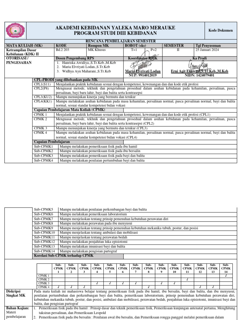 RPS Ketrampilan Dasar Kebidanan (KDK) II | PDF