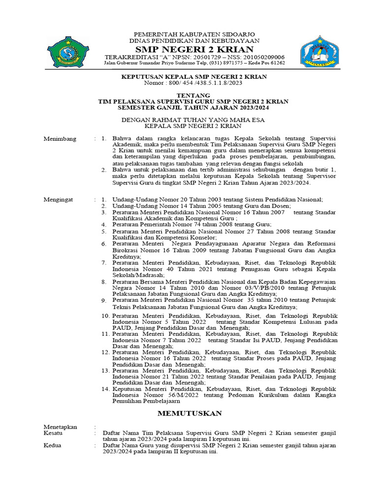 SK Supervisi Guru SMPN 2 Krian TA 2023-2024 - SMT Ganjil-Rev | PDF