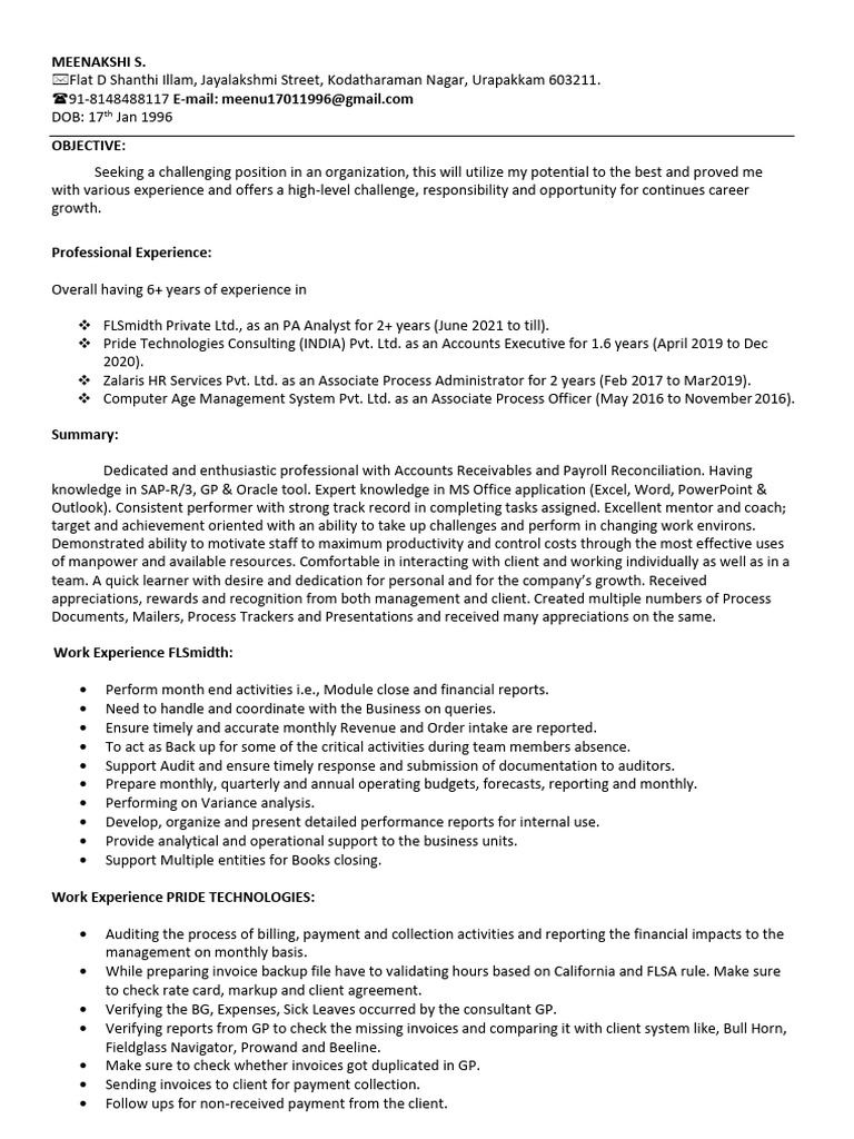 Meenakshi S Resume | Download Free PDF | Audit | Employment