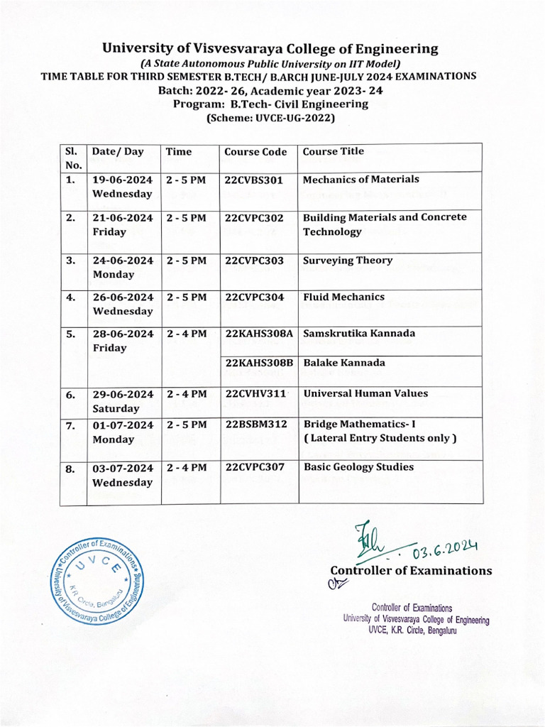 III Sem B.tech-Exam Timetable | PDF