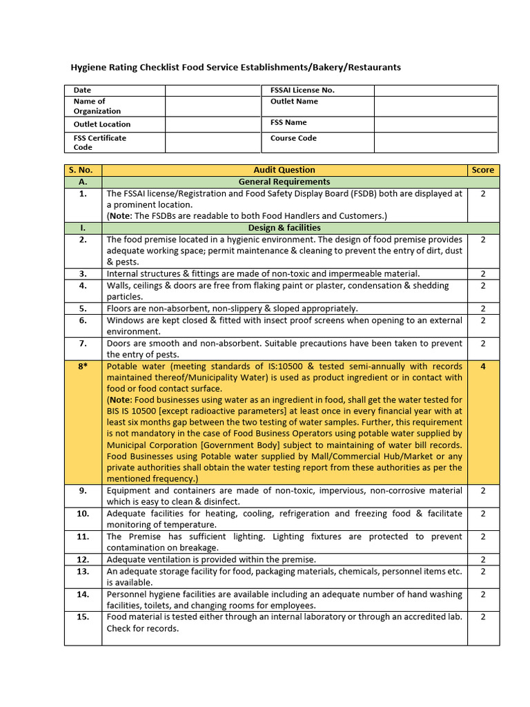 HYGIENE RATING SAMPLE CHECKLIST (1) | PDF | Food Safety | Hygiene