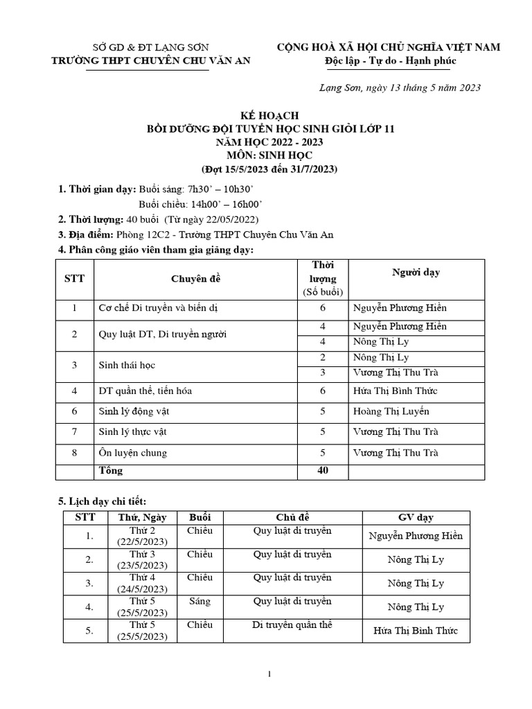 Sinh học - 11 10 - KH BDHSG đợt 15.5-31.7.2023 (Tu 22.5.23) | PDF