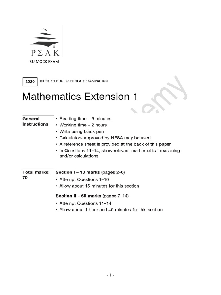 2020 HSC Mathematics Extension 1 Exam | PDF | Differential Calculus ...