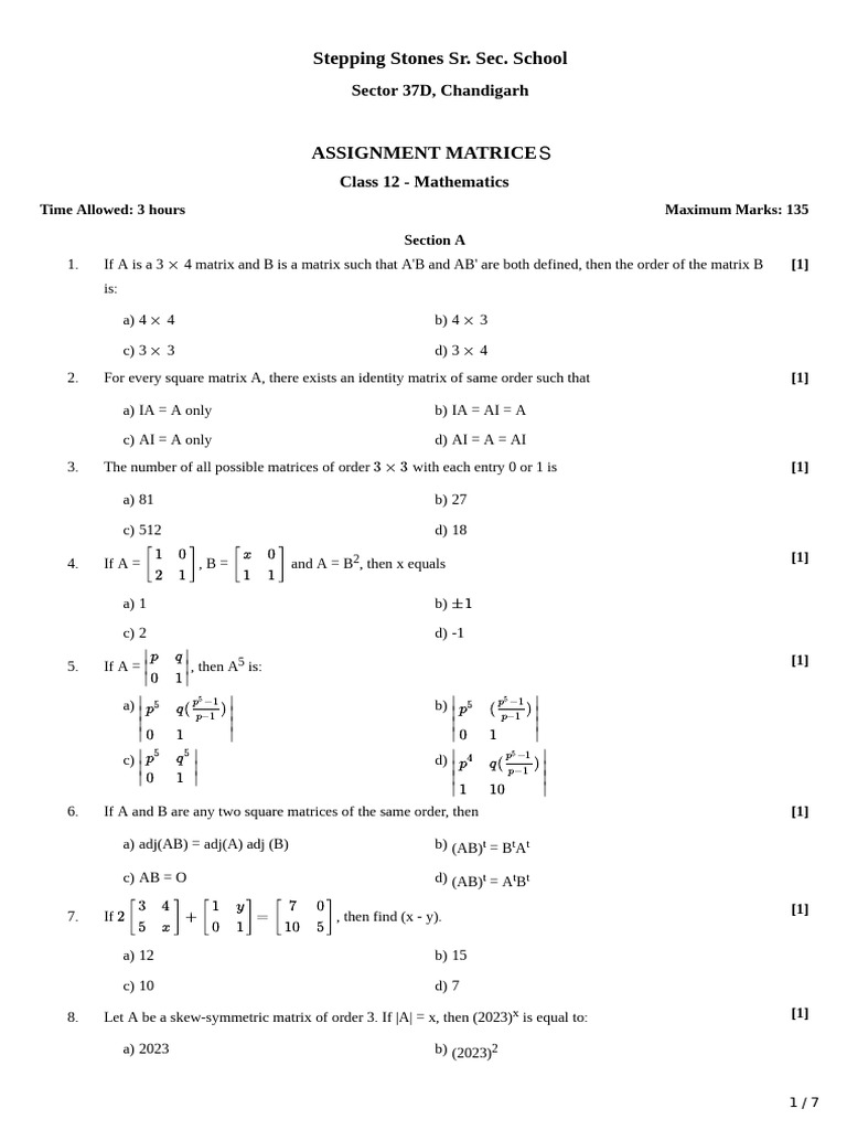Matrices Assignment | PDF | Matrix (Mathematics) | Mathematical Physics