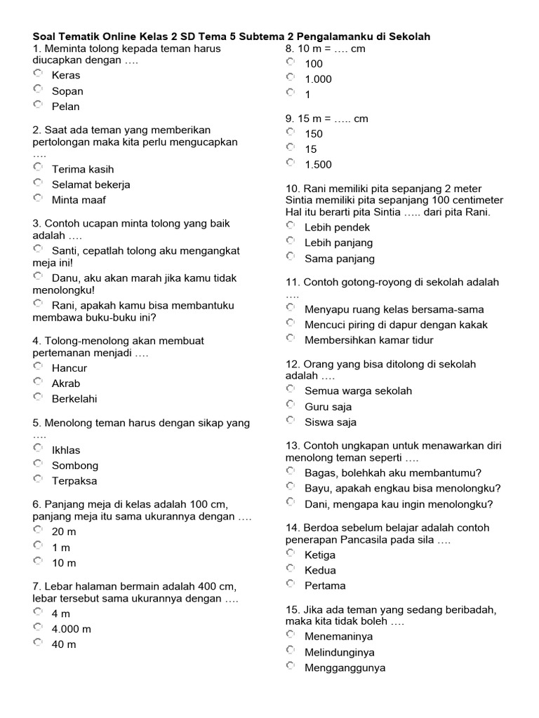 Soal Tematik Online Kelas 2 SD Tema 5 Subtema 2 Pengalamanku Di Sekolah | PDF