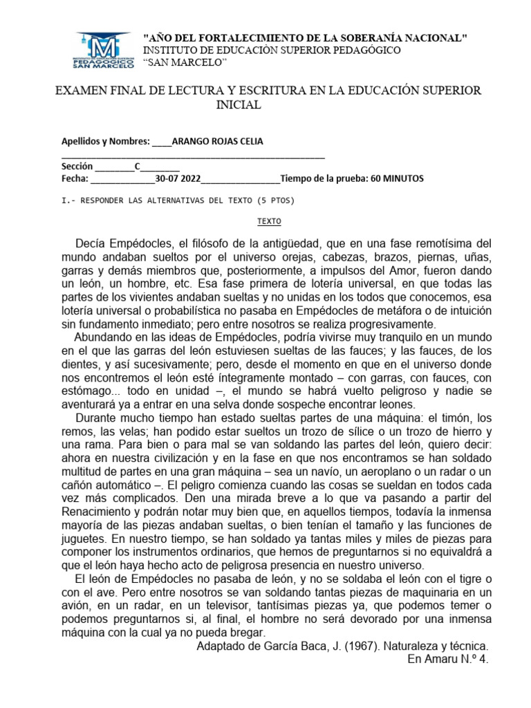 Examen Final de Inicial de Lectura y Escritura | PDF | Libros para ...