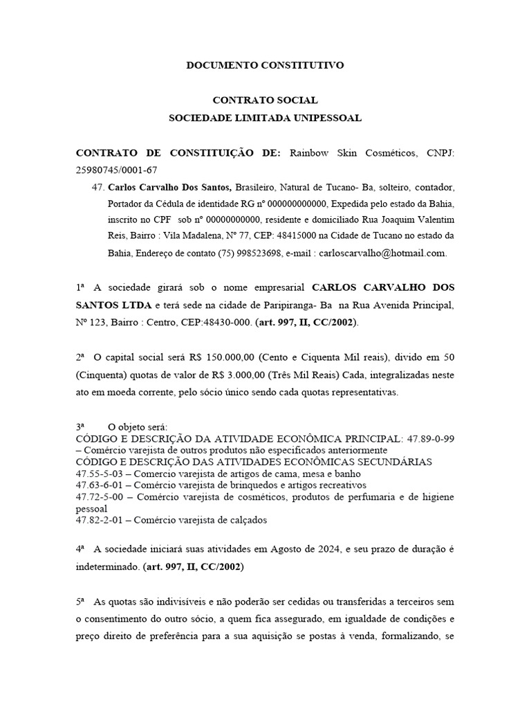 Modelo Contrato Social 1 | PDF | Balancete | Business