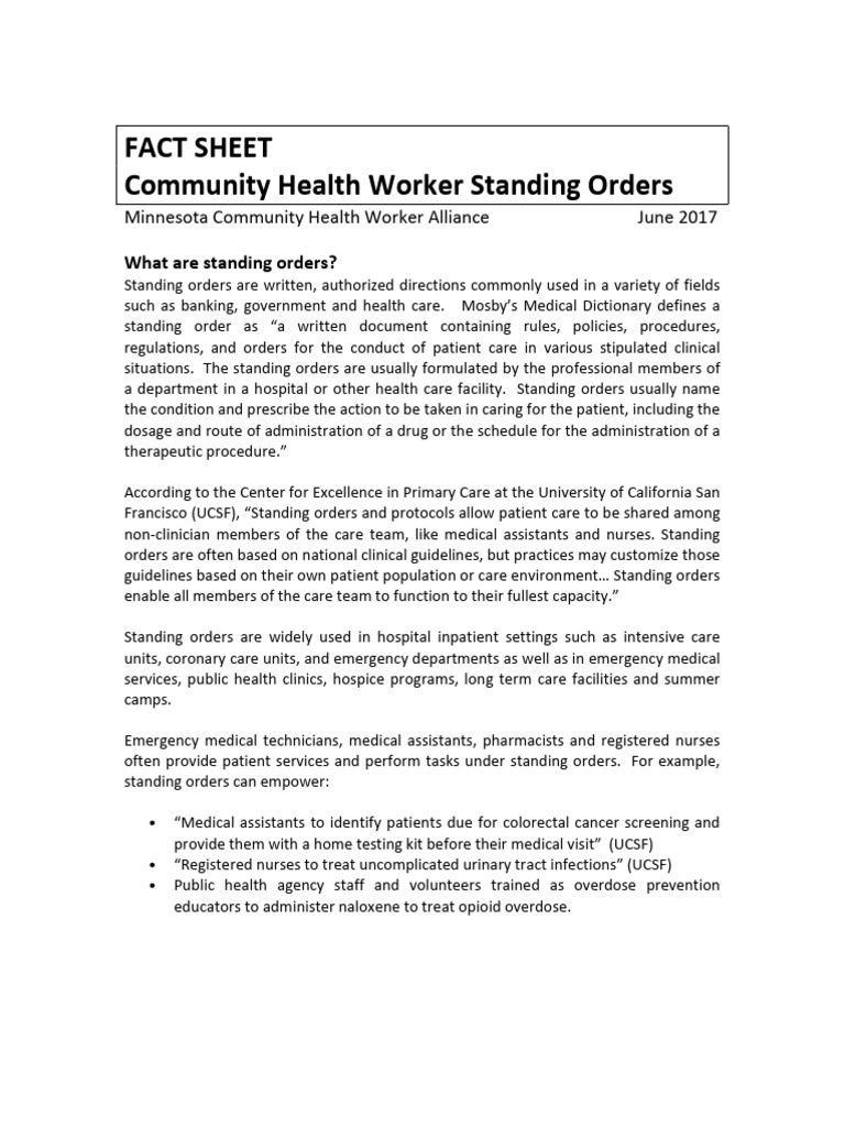 Fact Sheet CHW Standing Orders - MN CHW Alliance | PDF | Health Care ...