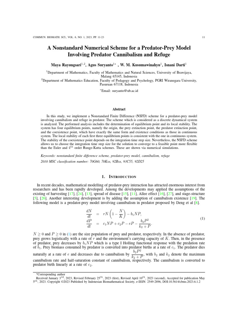A Nonstandard Numerical Scheme for a Predator-Prey Model Involving Predator Cannibalism and ...