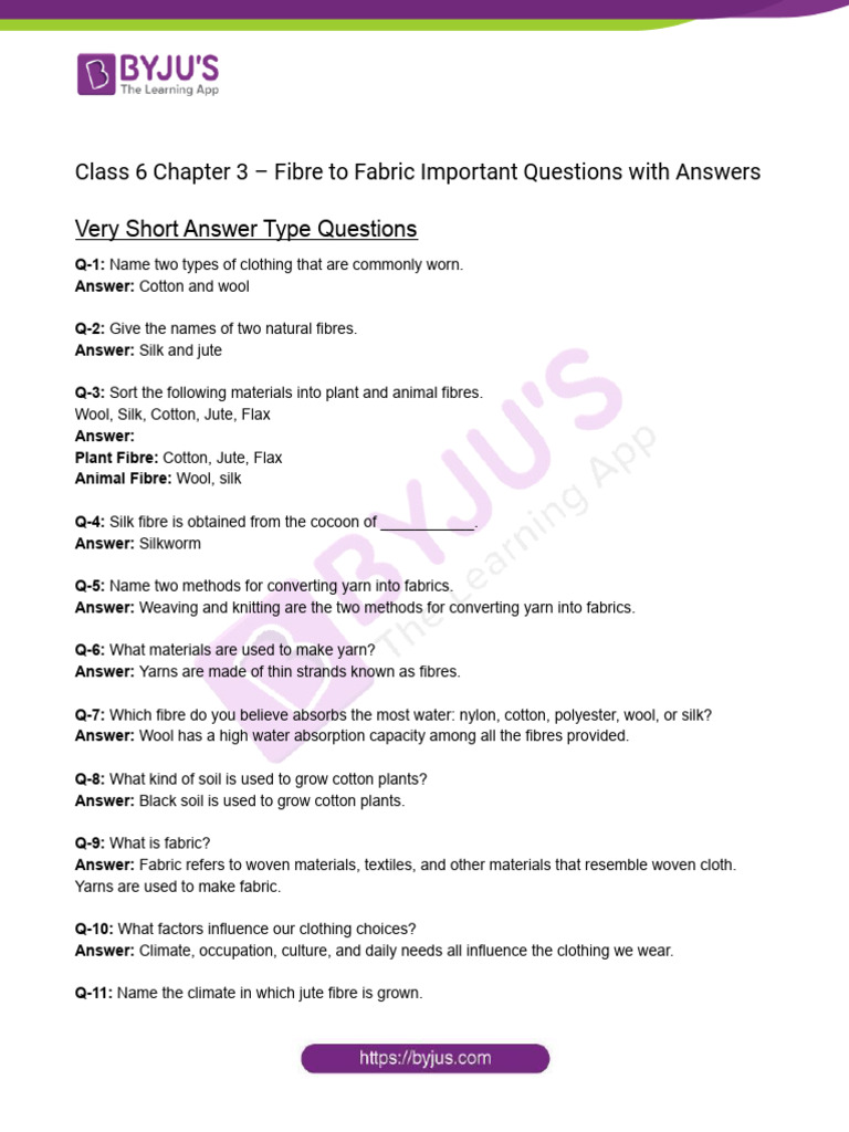 Class 6 Chapter 3 - Fibre To Fabric Important Questions With Answers | PDF | Textiles | Yarn