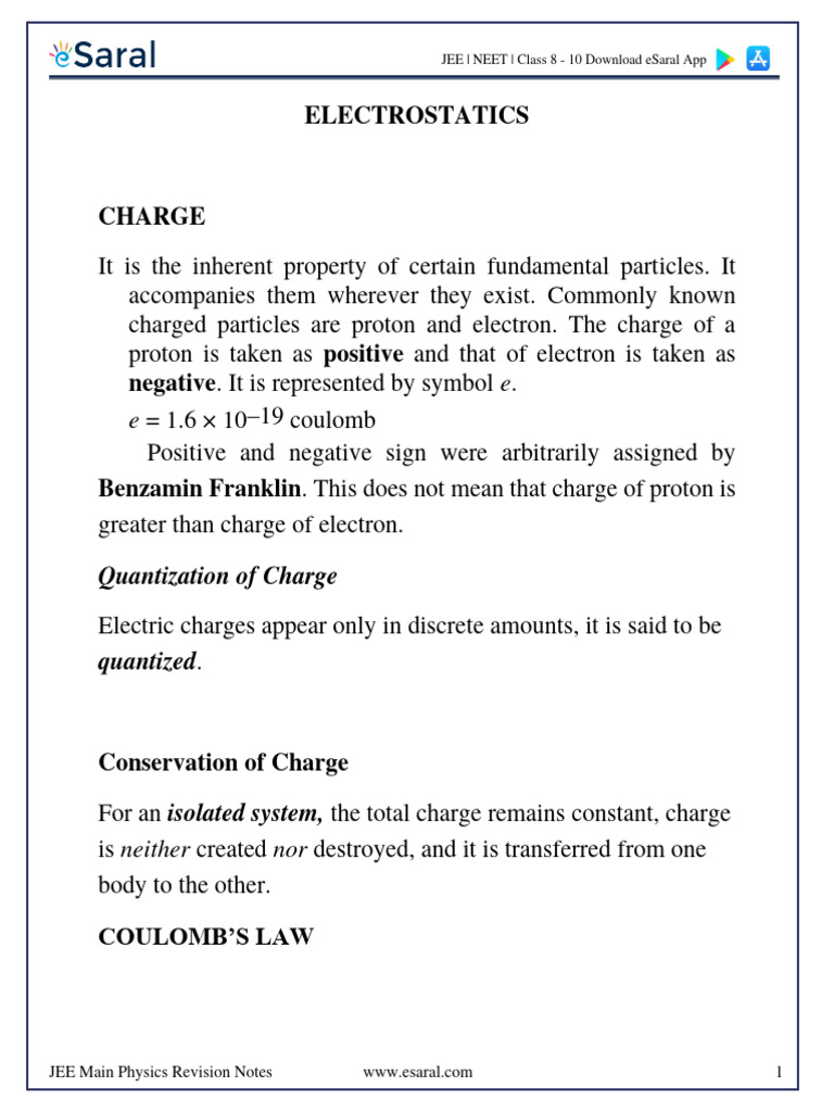 JEE Electrostatics Revision Notes | PDF | Electric Charge | Capacitance