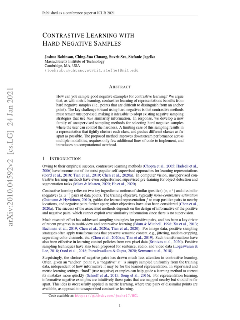 2020- 【Hard Negative】----CONTRASTIVE LEARNING WITH Hard Negative Samples | PDF