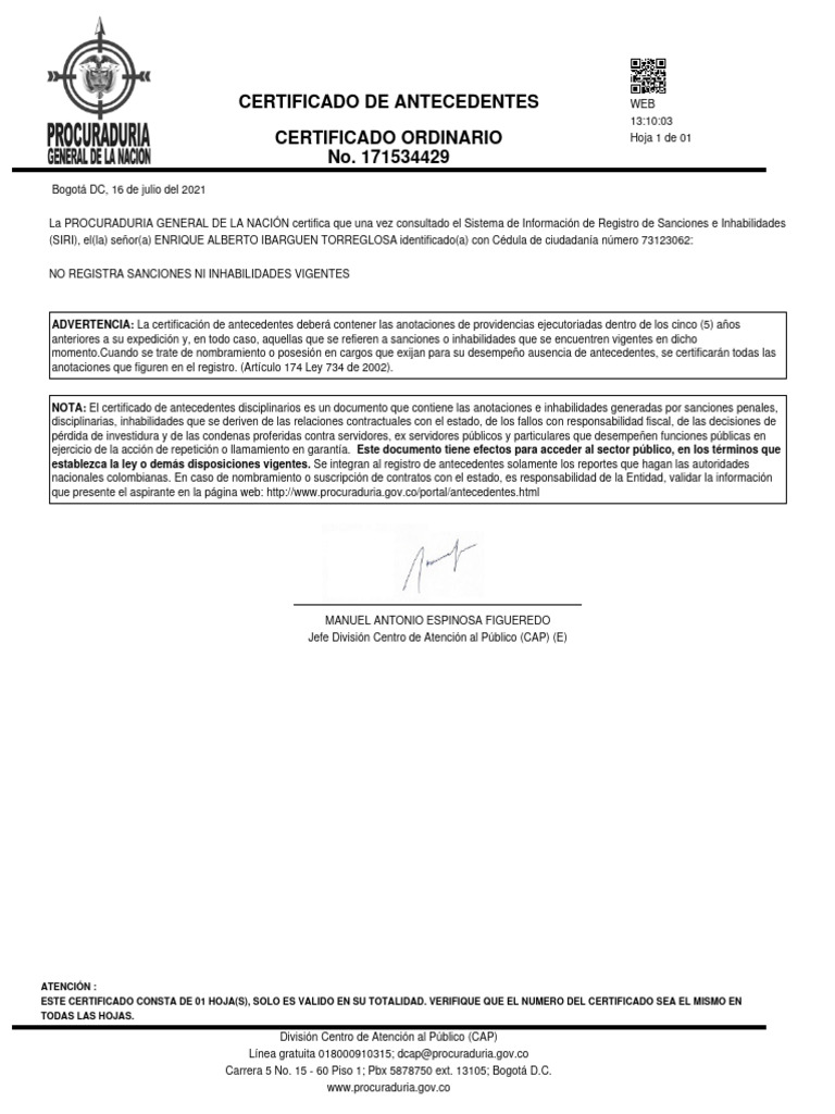 Certificado Procuraduria | Descargar gratis PDF | Gobierno