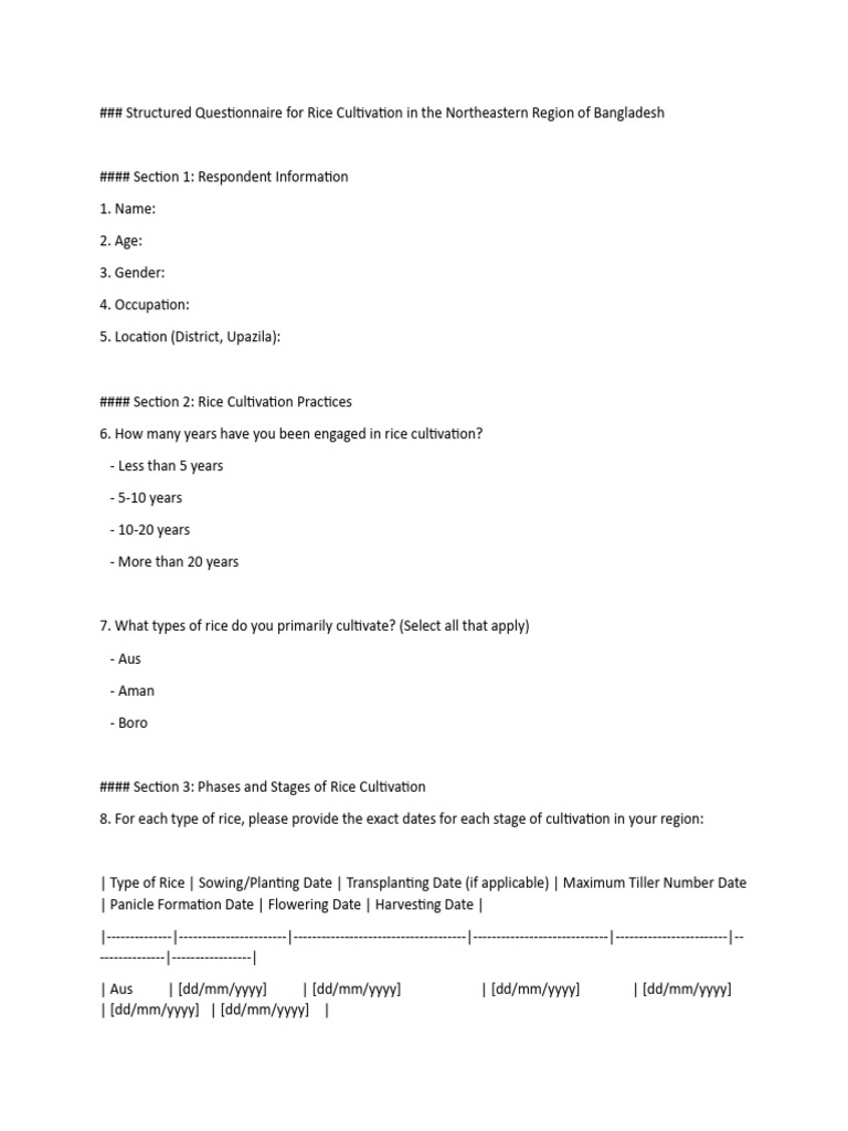 Structured Questionnaire | Download Free PDF | Agriculture | Rice