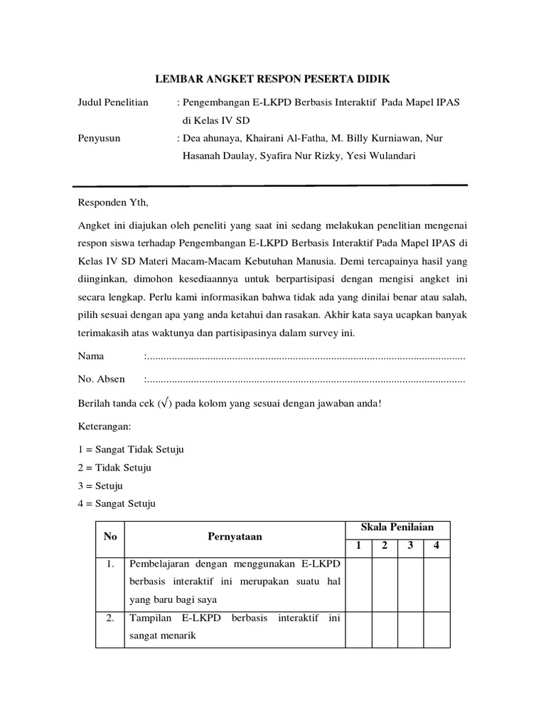 Lembar Angket Respon Peserta Didik | PDF