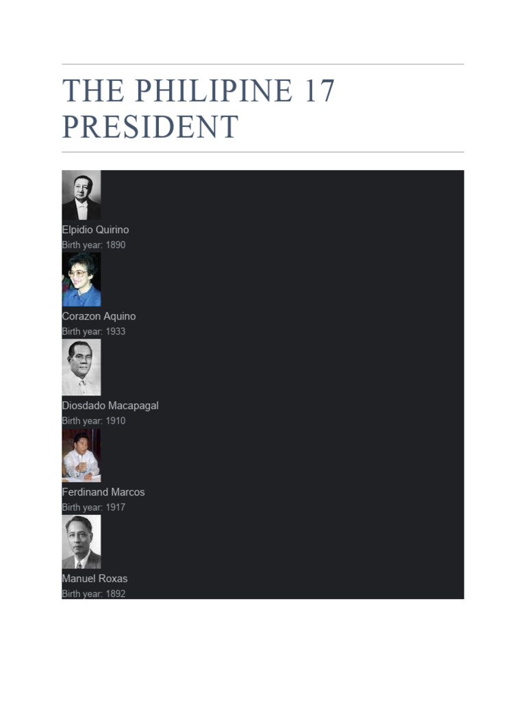 Philippine Presidents and Their Birth Years | PDF | President Of The ...