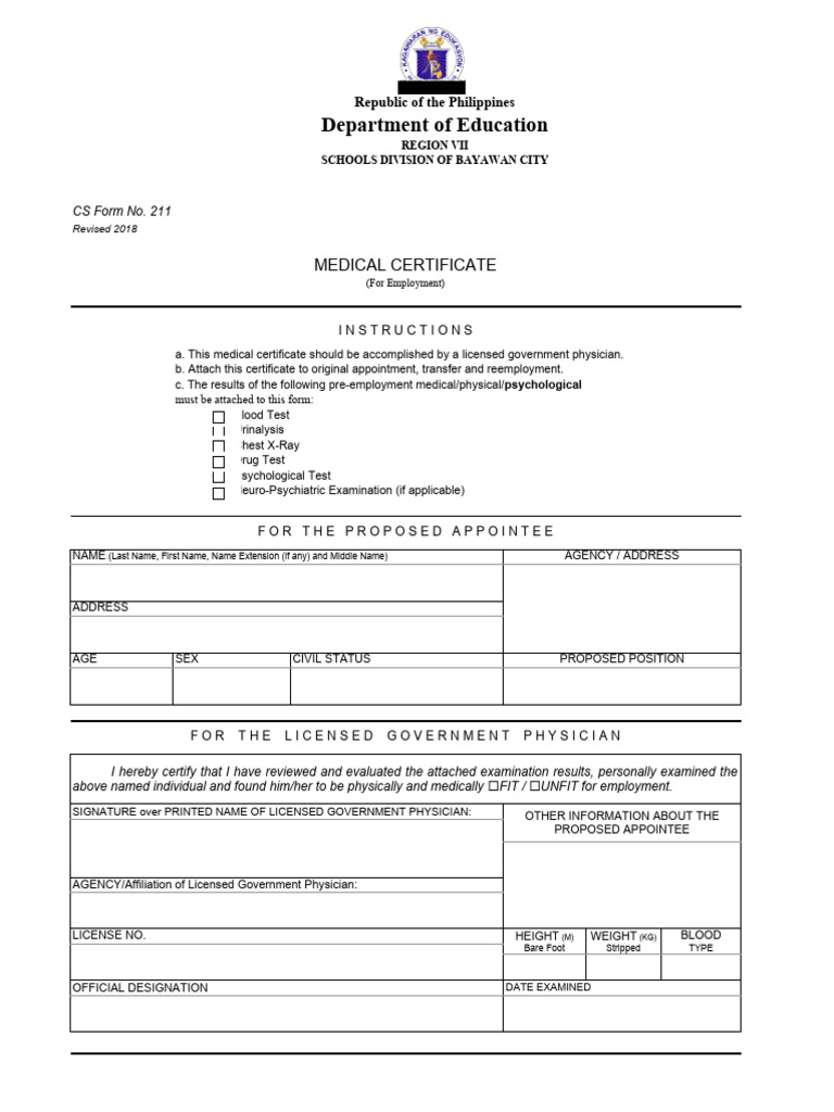 CSC Form 211 Medical Certificate Guide | PDF | Physician | Clinical ...