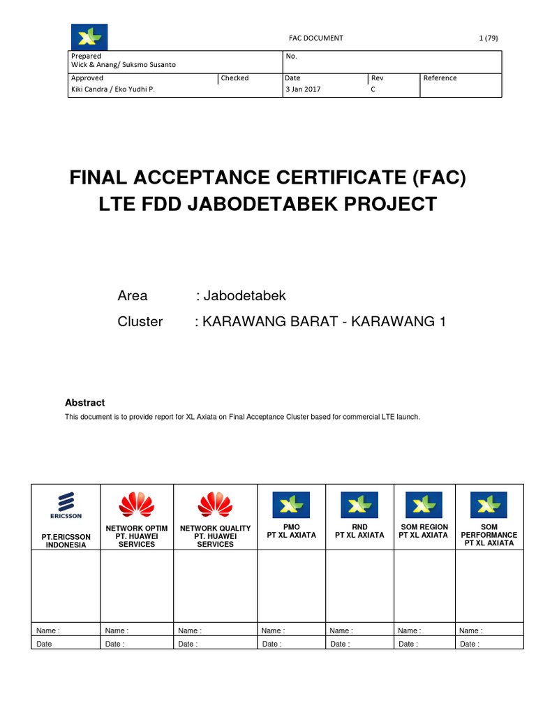 Final Acceptance Certificate (Fac) Lte FDD Jabodetabek Project | PDF