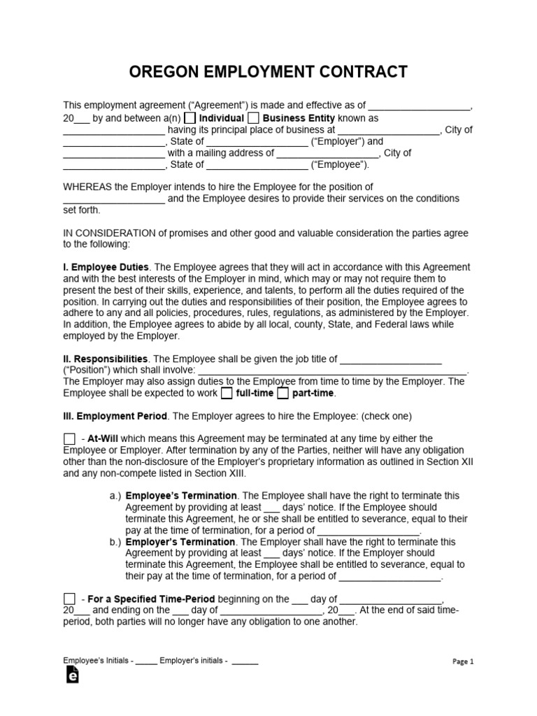 Oregon Employment Contract Pdf Employment Employee Benefits
